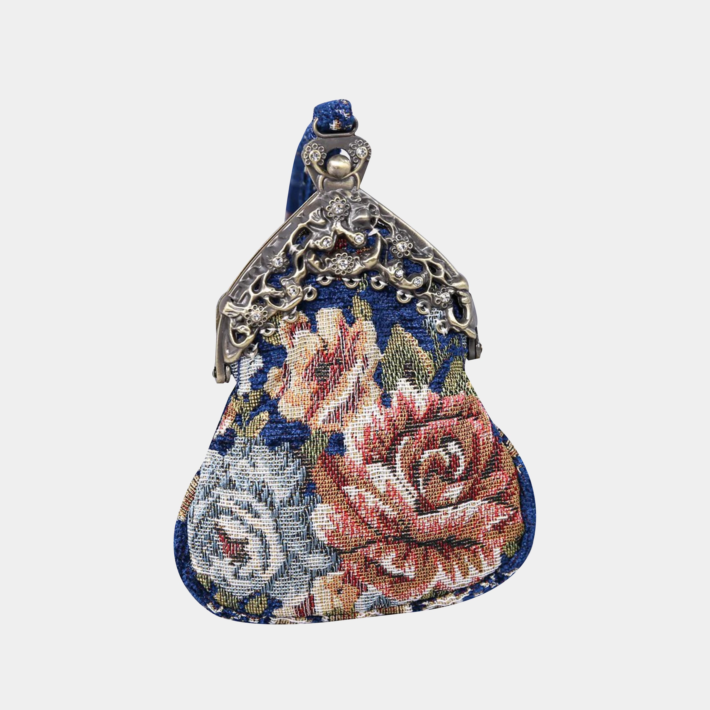 Floral Blue Chatelaine Purse Wristlet Bag Carpetbag of America