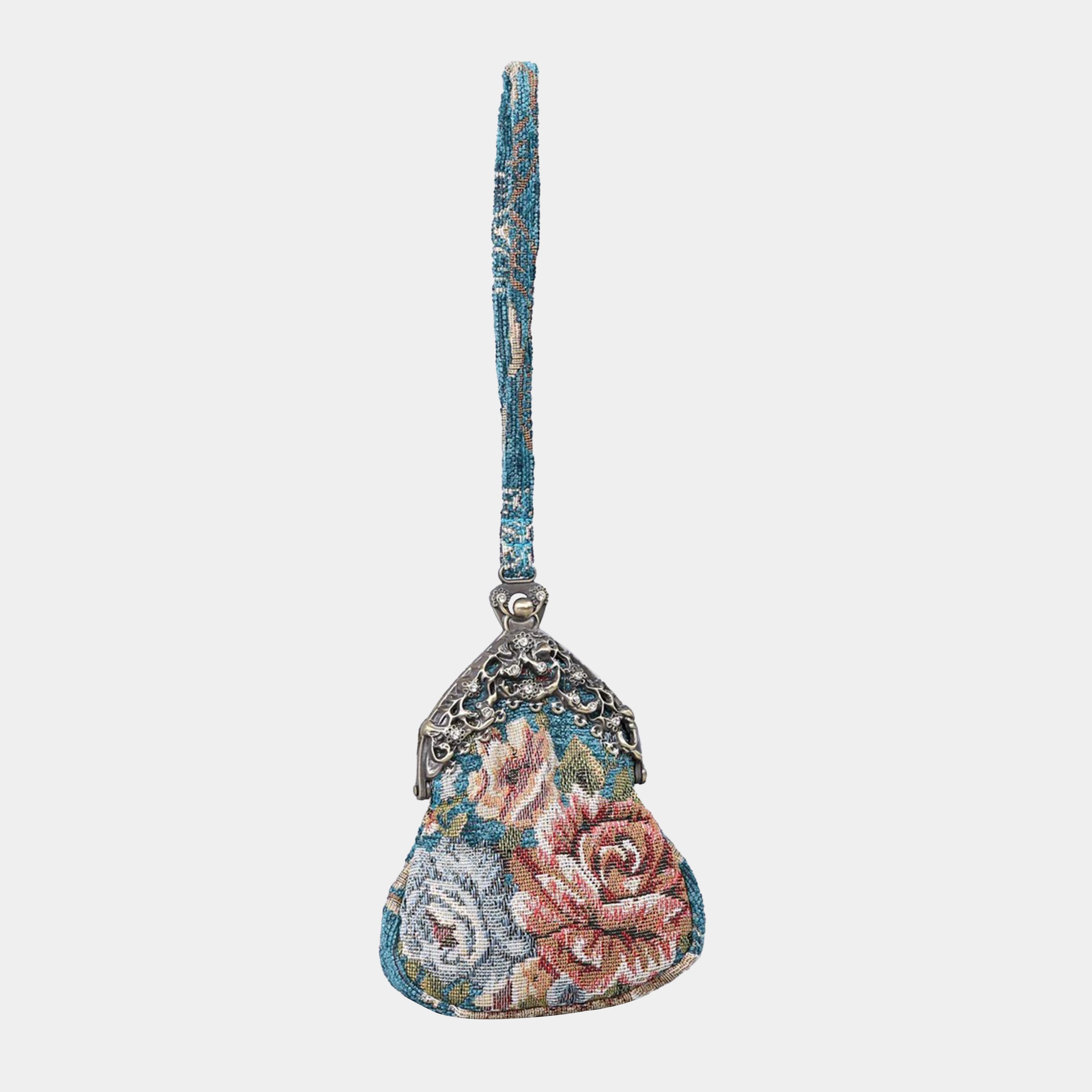 Floral Teal Chatelaine Purse Wristlet Bag Carpetbag of America
