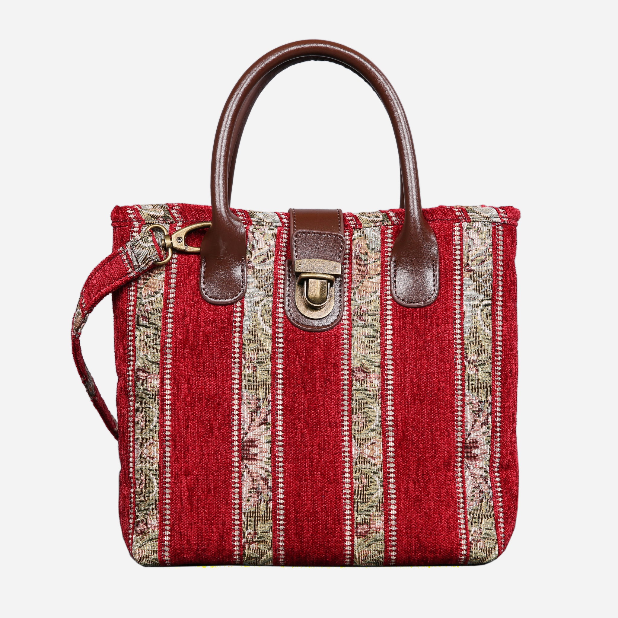 Floral Strips Red Tuck Lock Carpet Satchel Carpetbag of America