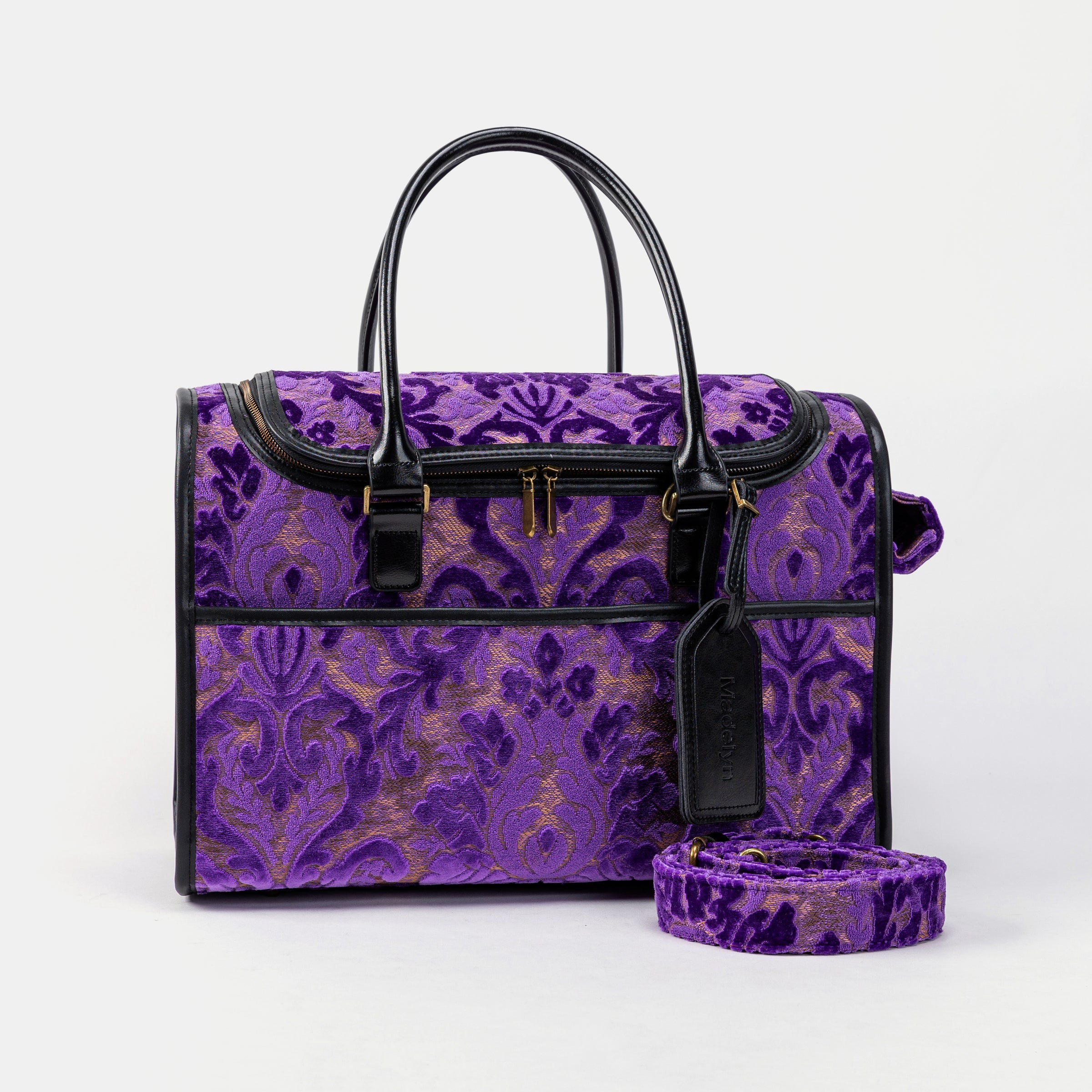 Travel Dog Carrier Bag in Purple Burnout Velvet
